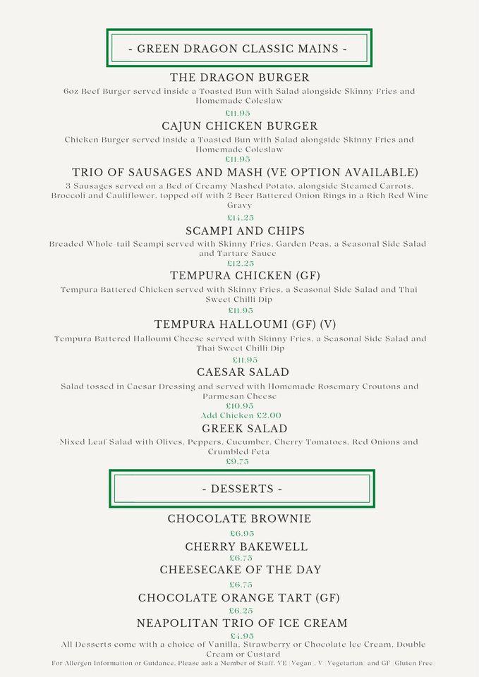 Menu at Green Dragon pub & bar, Wymondham