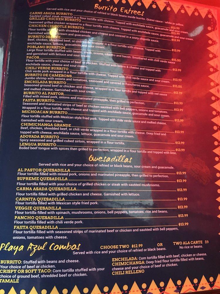 Menu at Playa Azul restaurant, Kenai