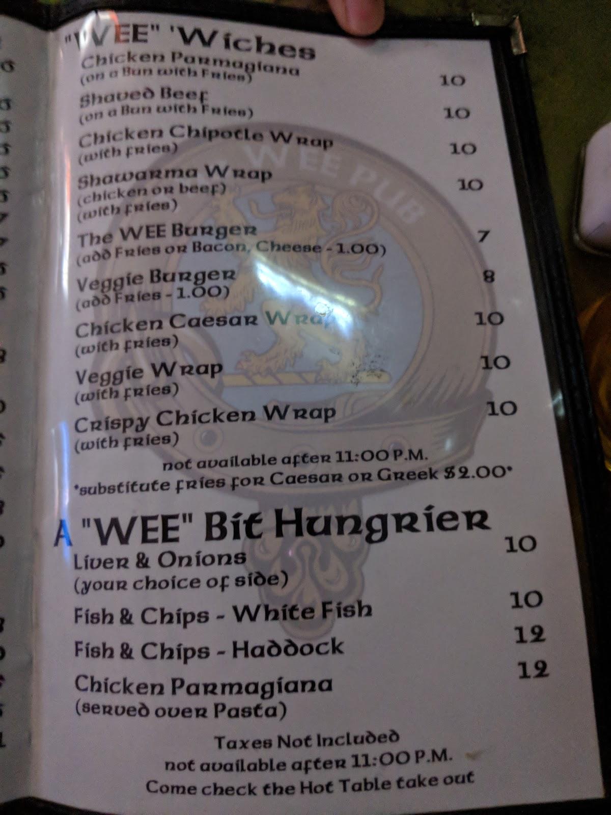 Menu at The Wee Pub, Oshawa, 361 Wilson Rd S