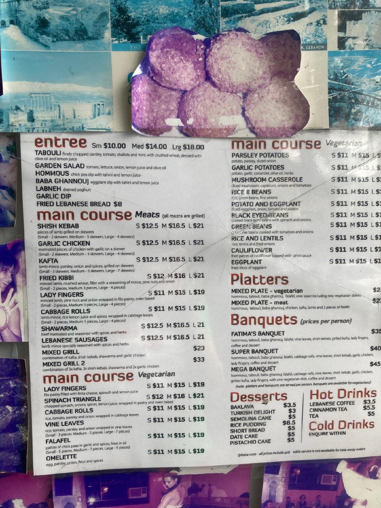 Menu at Fatima's Lebanese Restaurant, Surry Hills