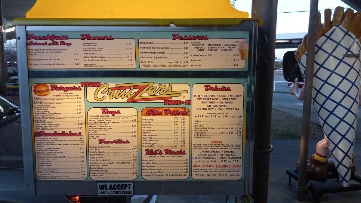 Menu at Myers Cruizzers Drive-In restaurant, Mena, 409 U. S. Hwy 71