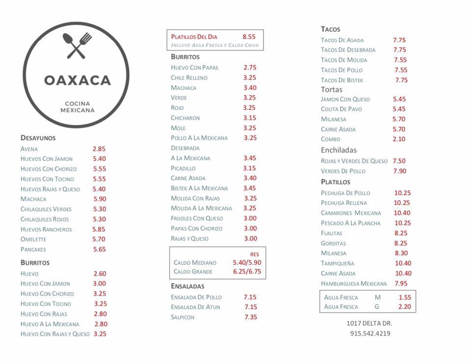 Menu at Oaxaca Cocina Mexicana restaurant, El Paso, Delta Dr