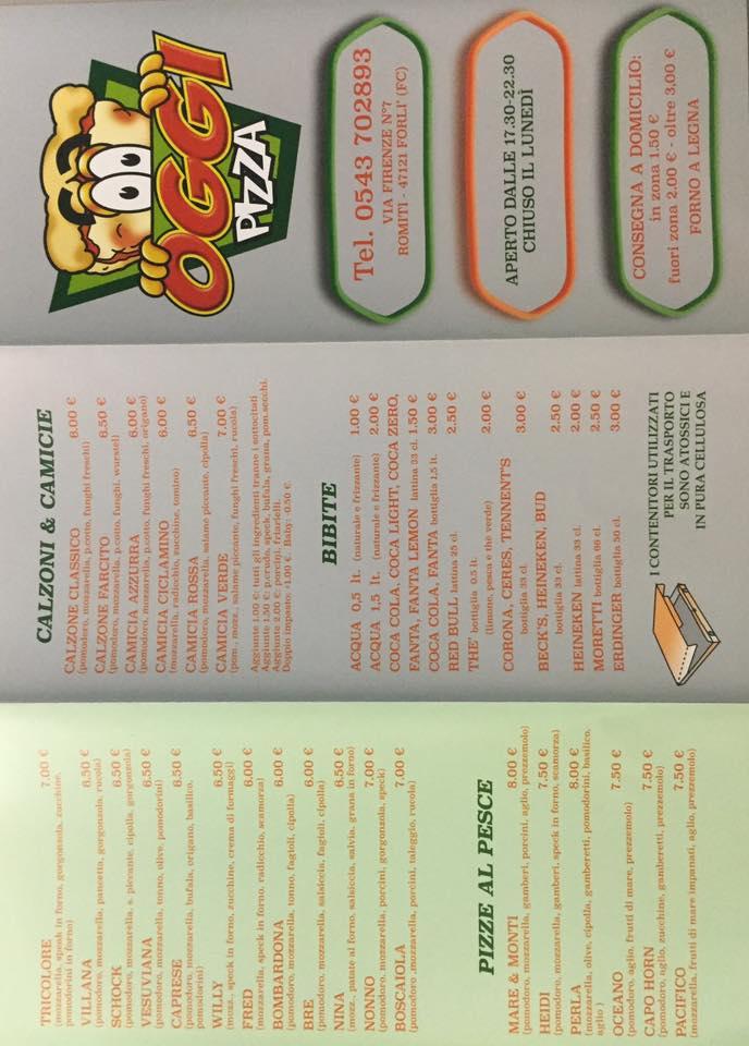 Menu at Oggi Pizza restaurant, Forli