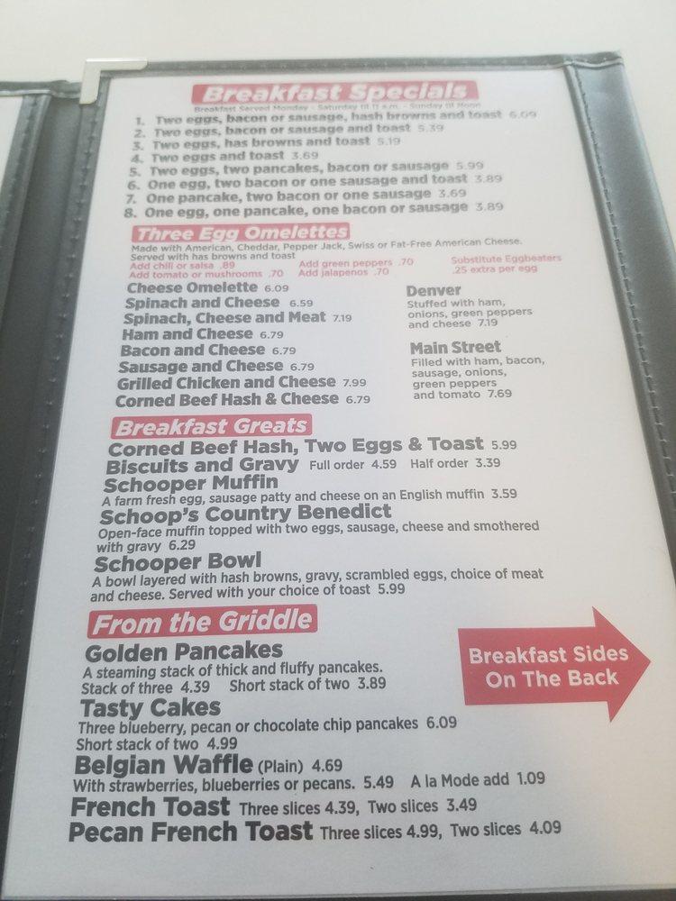 Menu at Schoop's Hamburgers restaurant, Crown Point, N Main St