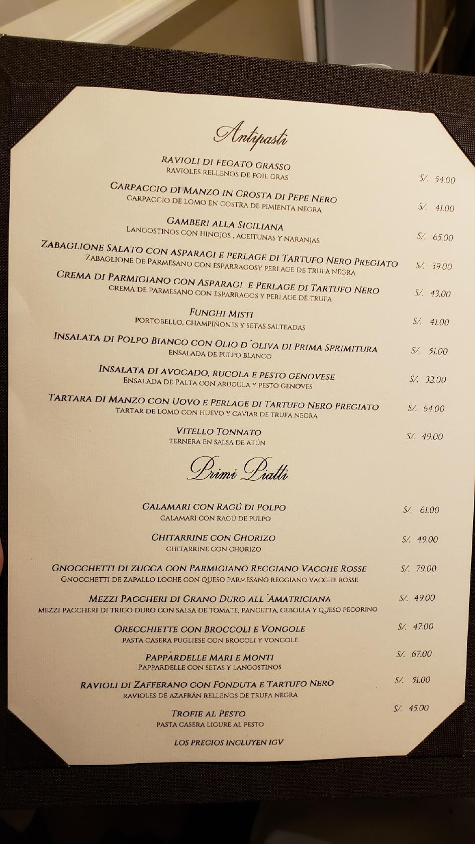 Carta del restaurante Symposium Lima, Lima