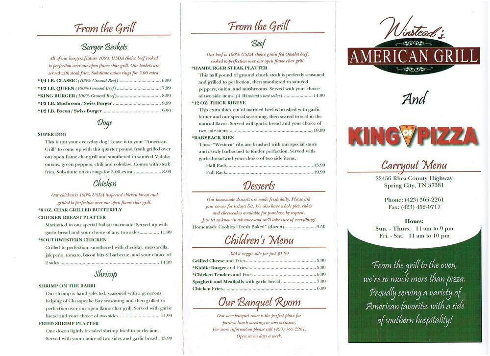 Menu at Winstead's American Grill & King of Pizza pizzeria, Spring City ...