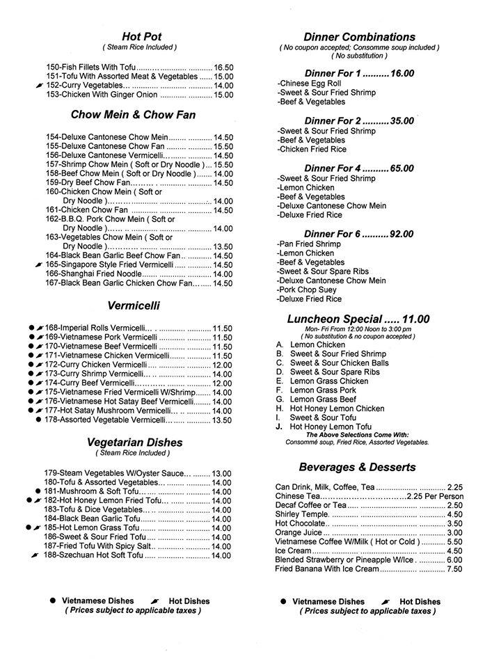 Menu au Dalat Restaurant, Winnipeg, Taylor Ave