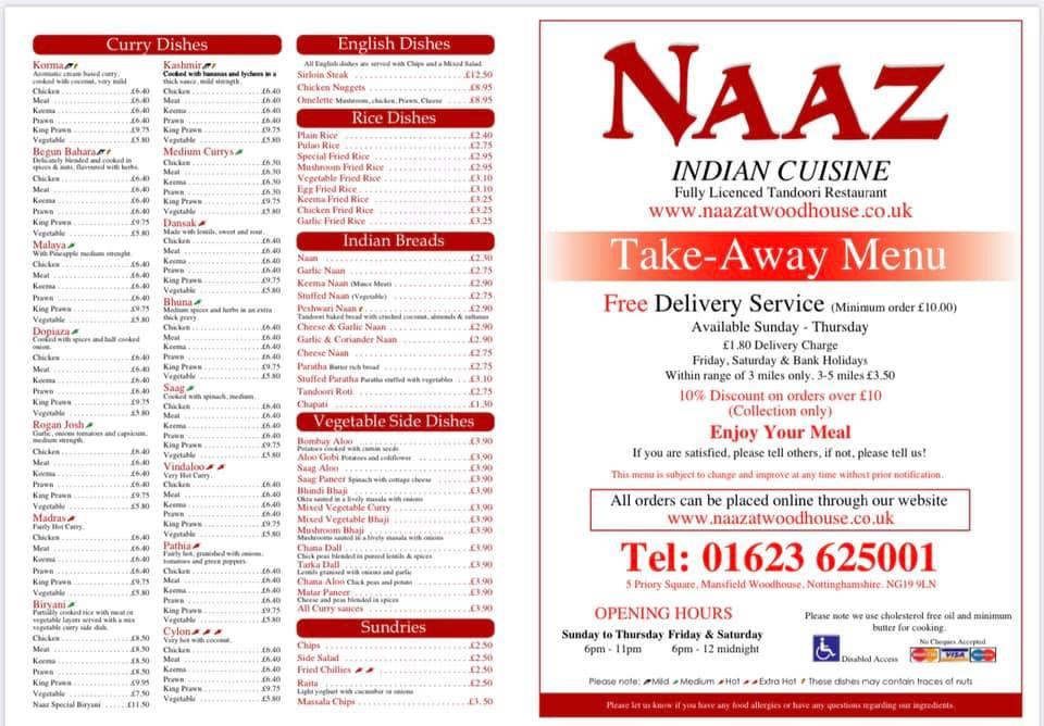 Menu at Naaz Indian Cuisine restaurant, Mansfield