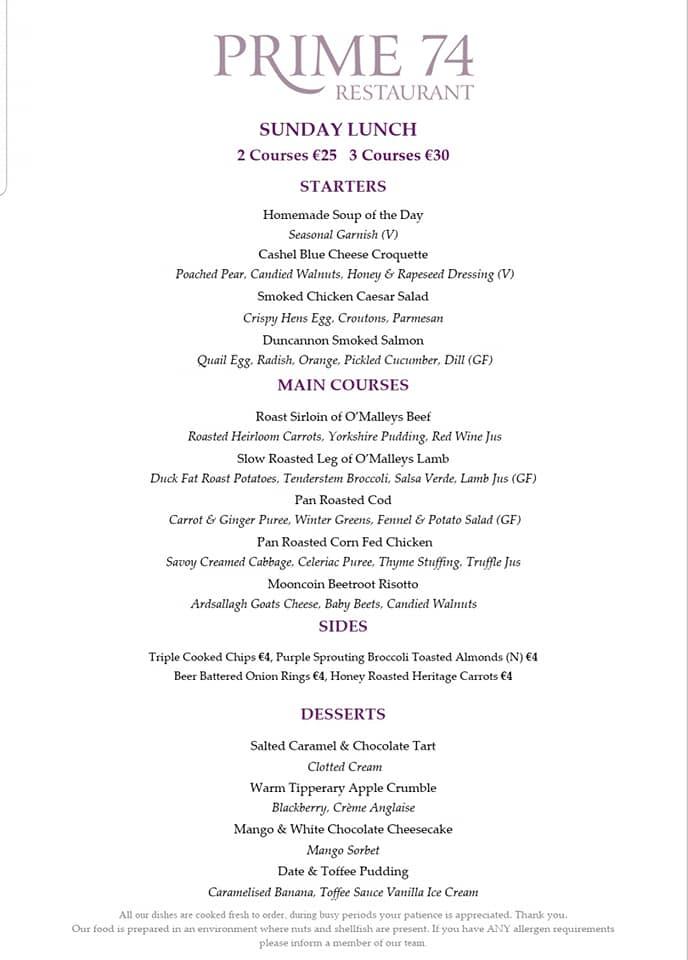 Menu at Prime 74 cafe, Tipperary