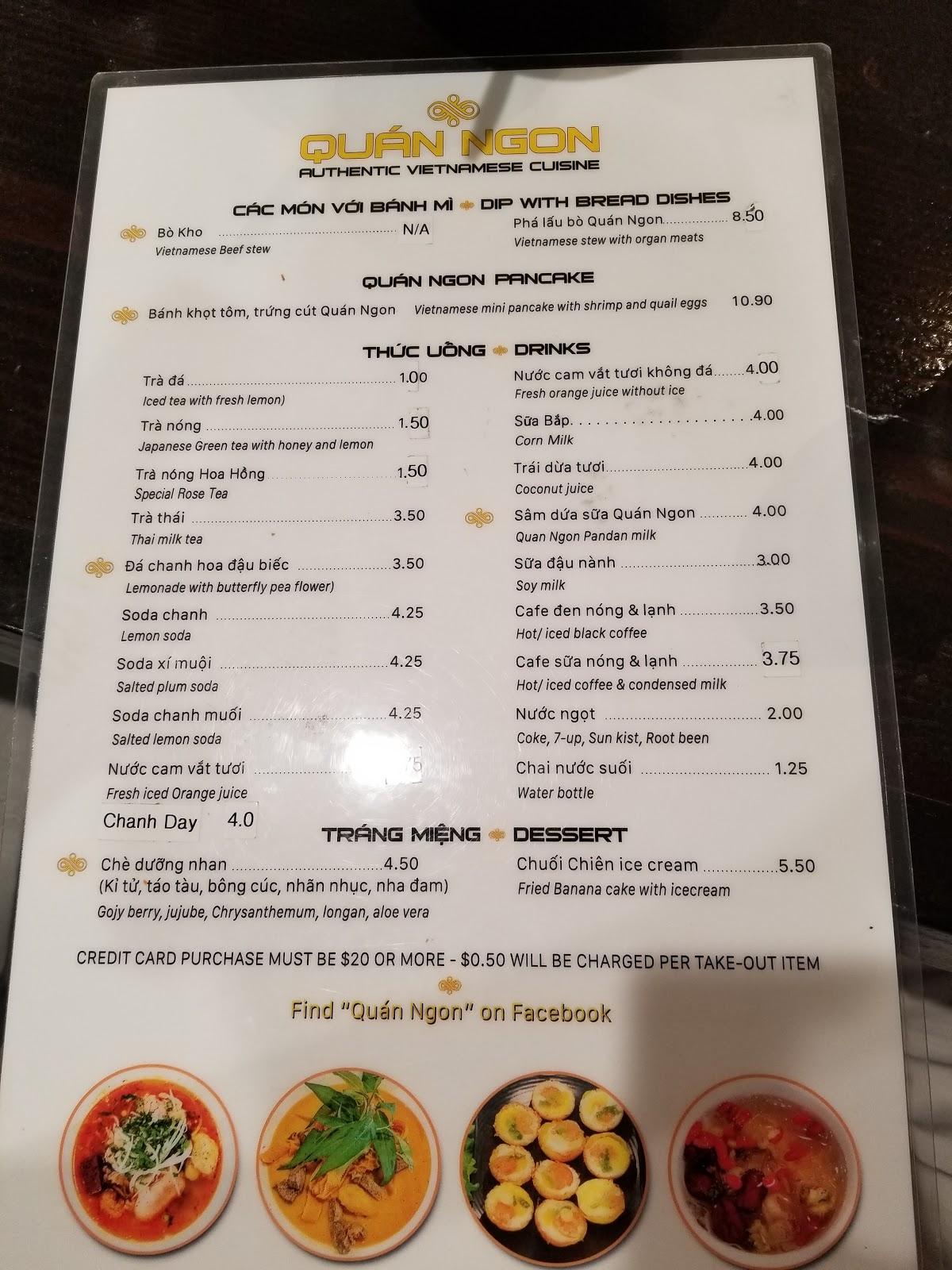 Menu at Quán Ngon restaurant, Garden Grove