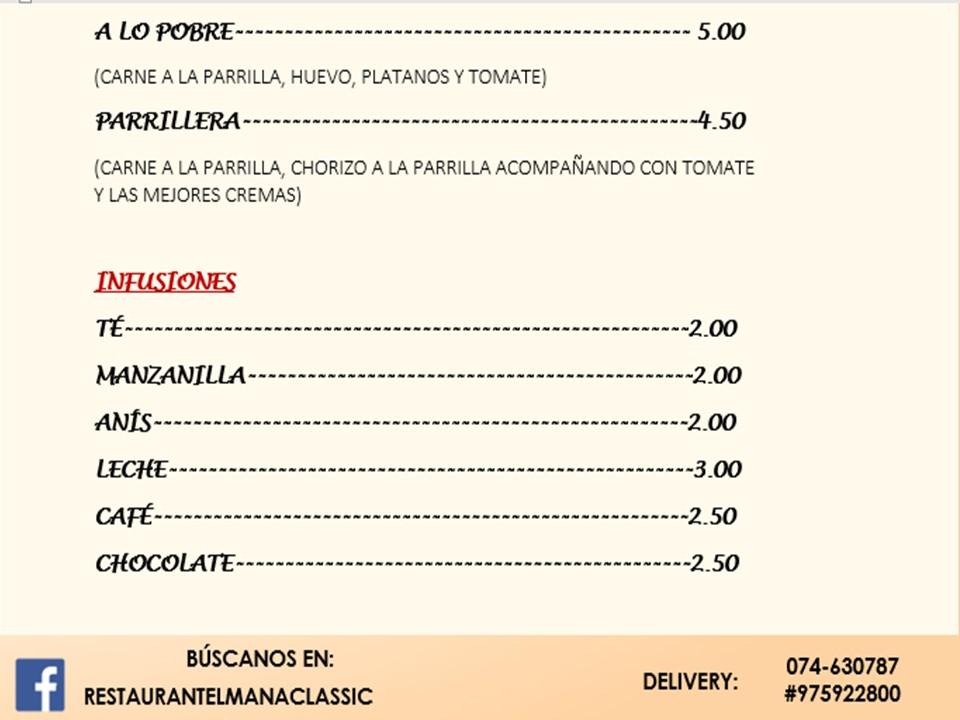 Menu at Restaurant El Maná Classic, Santa Rosa District
