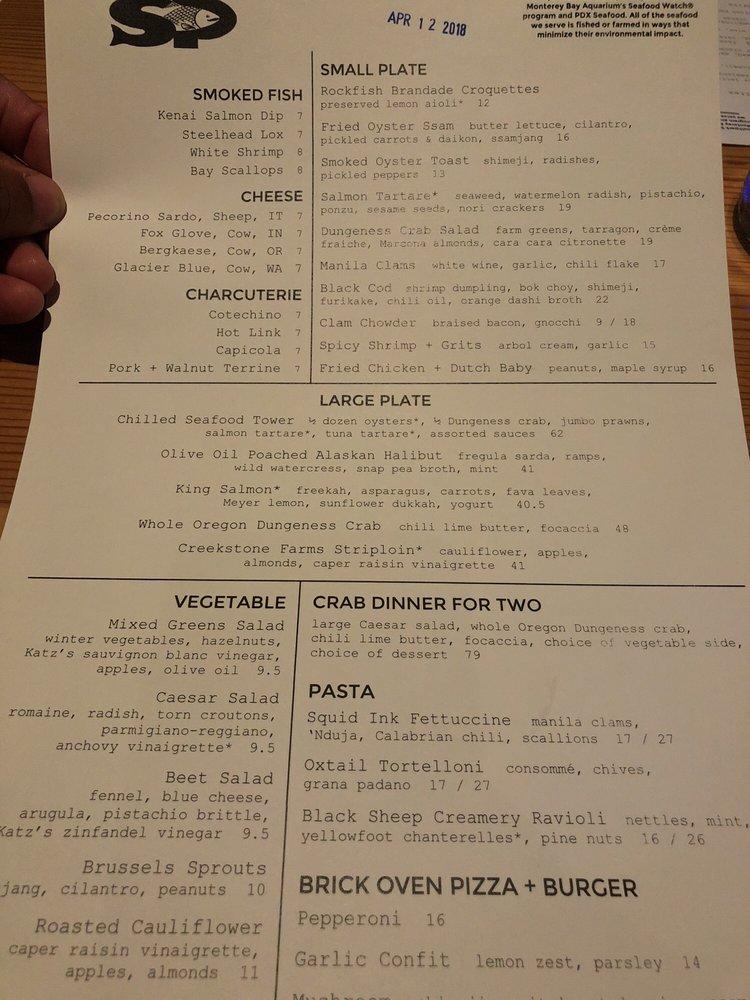 Menu at Southpark Seafood restaurant, Portland