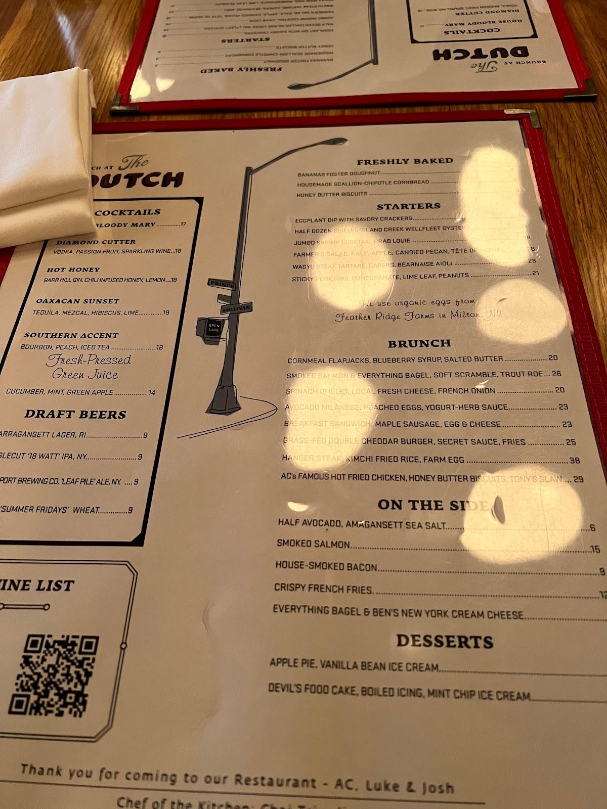 Menu at The Dutch restaurant, New York City, 131 Sullivan St