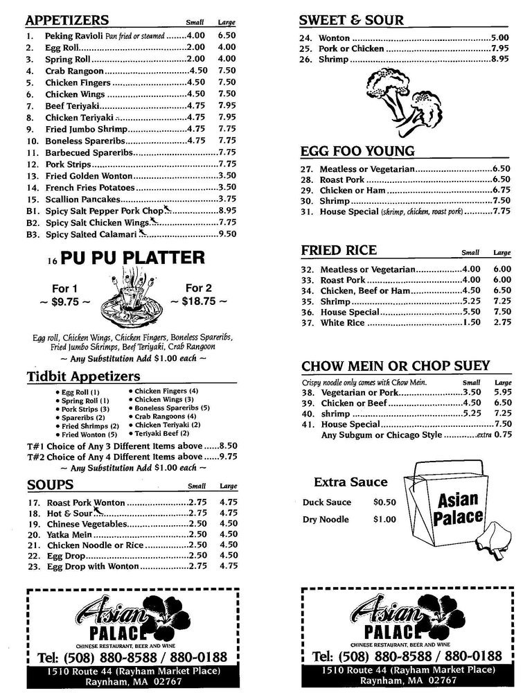 Menu at Asian Palace restaurant, Raynham