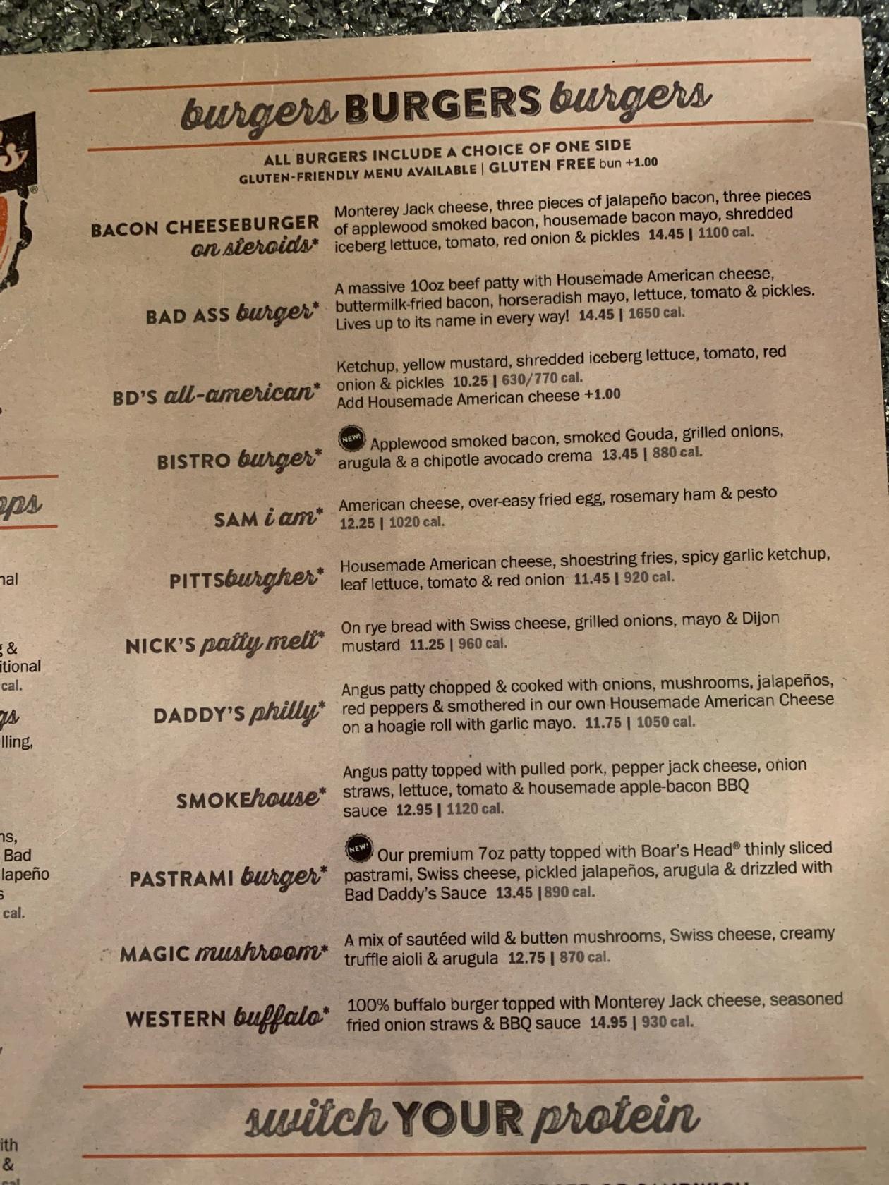 Menu at Bad Daddys Burger Bar, Columbia