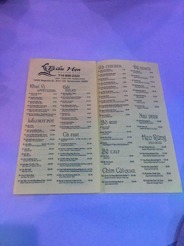 Menu at Biển Hẹn Seafood & Lẩu restaurant, Westminster