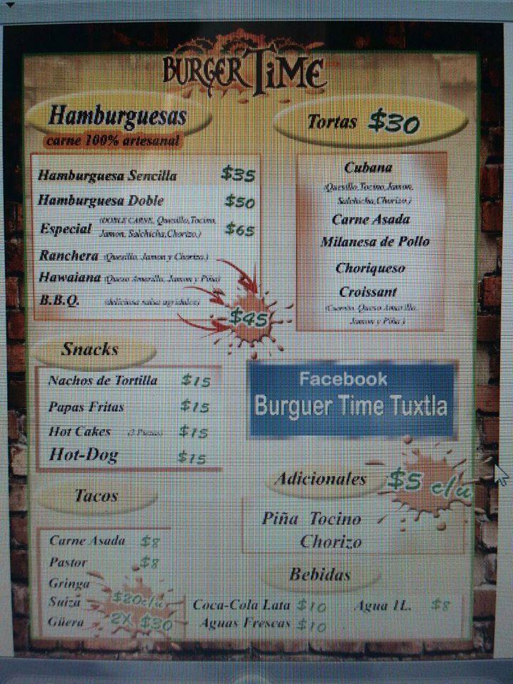 Carta del restaurante Burguer Time -Tuxtla Gutierrez-, Tuxtla Gutiérrez