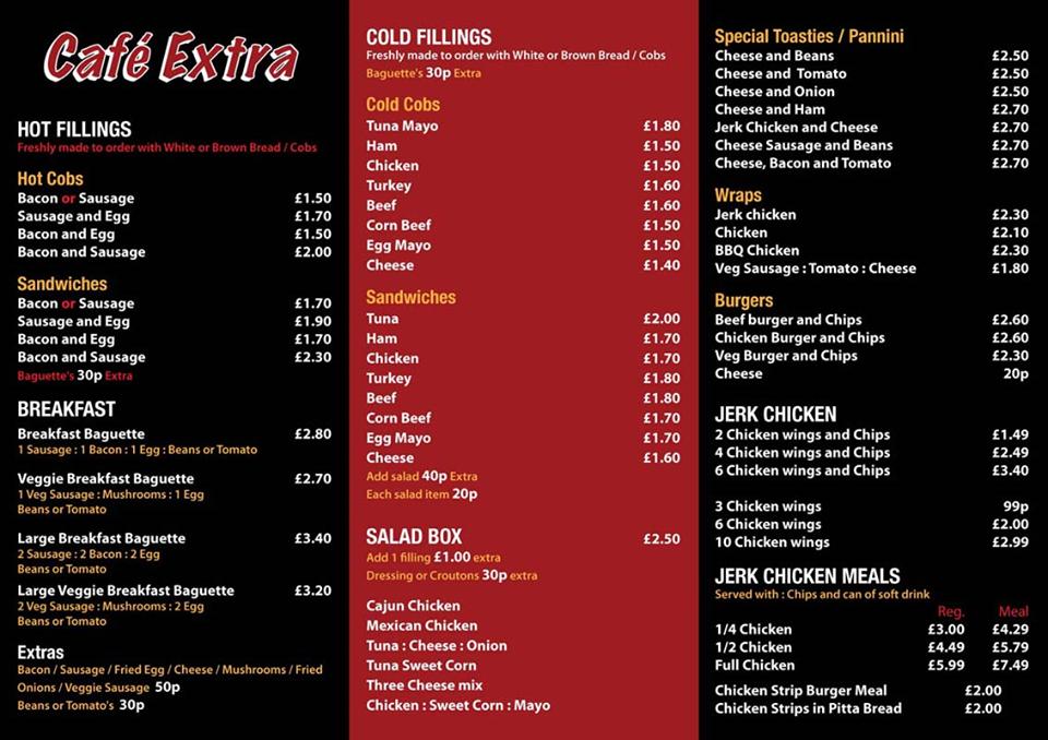 Menu at Cafe Extra, Leicester