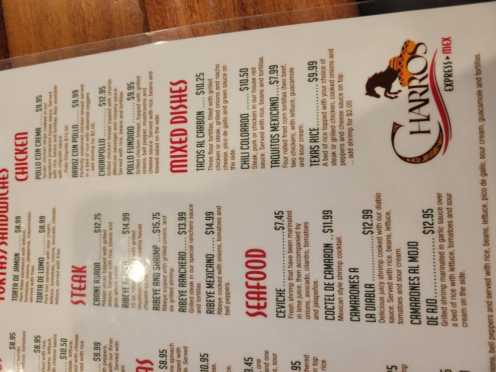 Menu at Charros Express Mex restaurant, Evans