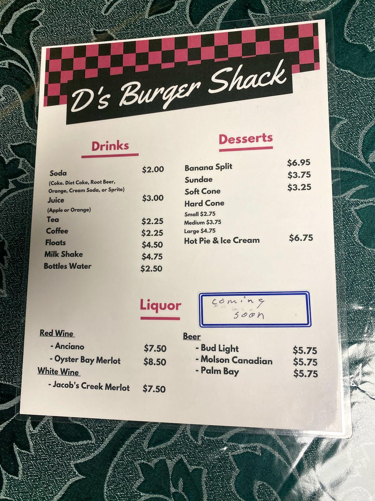Menu at D's burger shack restaurant, Crossfield