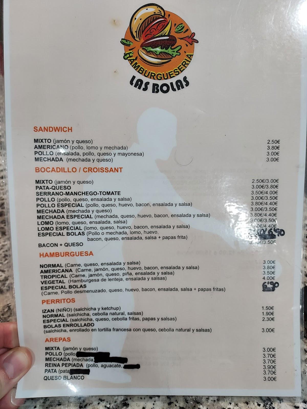 Carta del restaurante Hamburguesería Arepera Las Bolas, María Jiménez