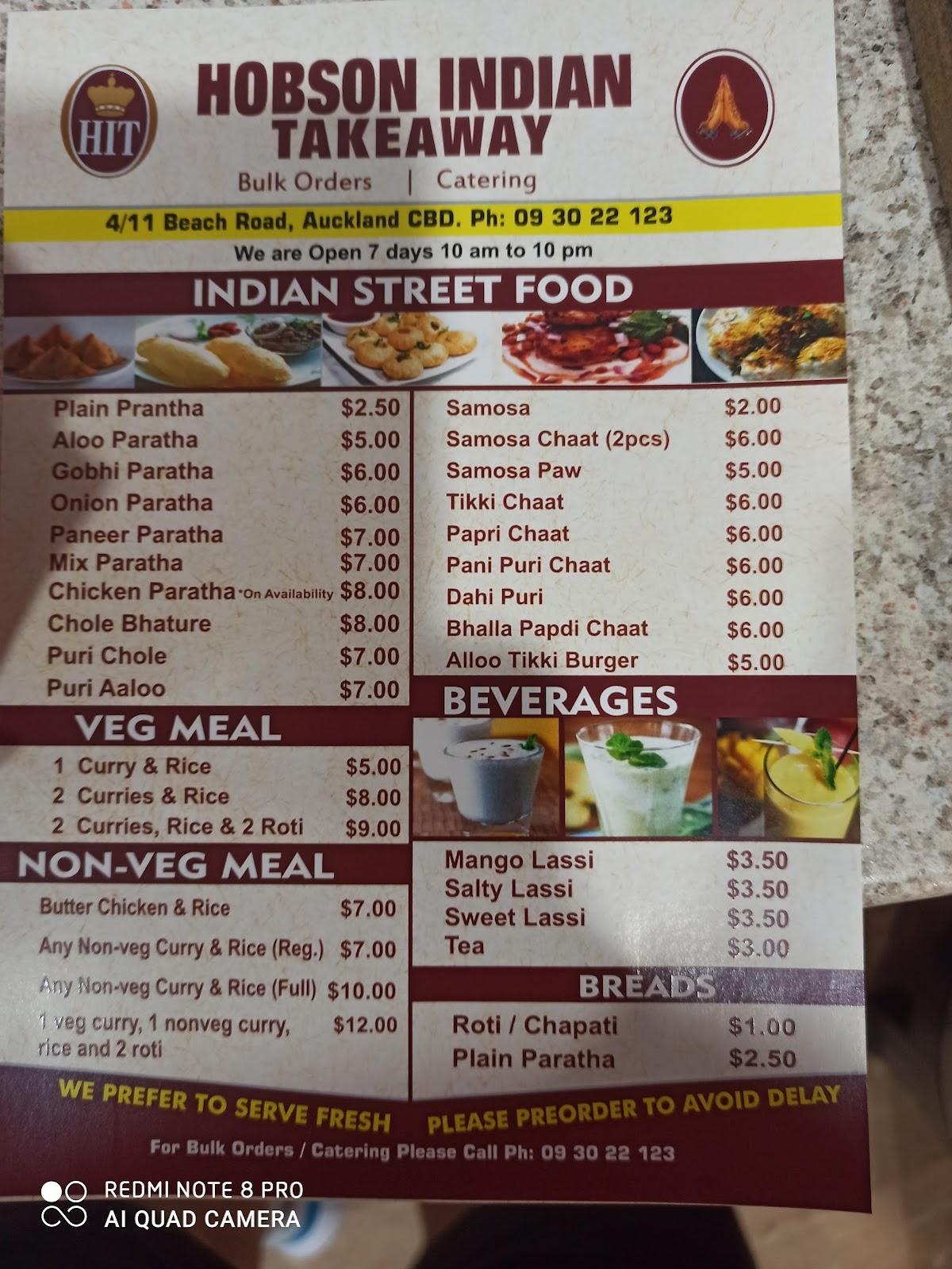 Menu at Hobson Indian Takeaway restaurant, Auckland, 4/11 Beach Rd