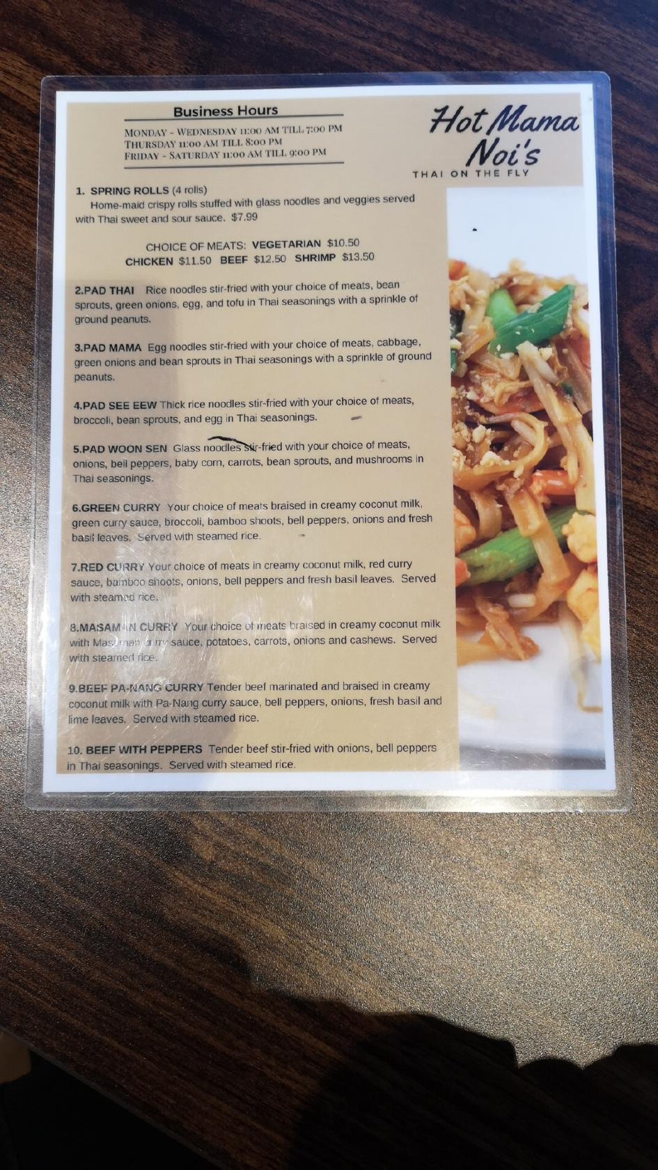 Menu at Hot Mama Noi's Thai On The Fly restaurant, Pickering