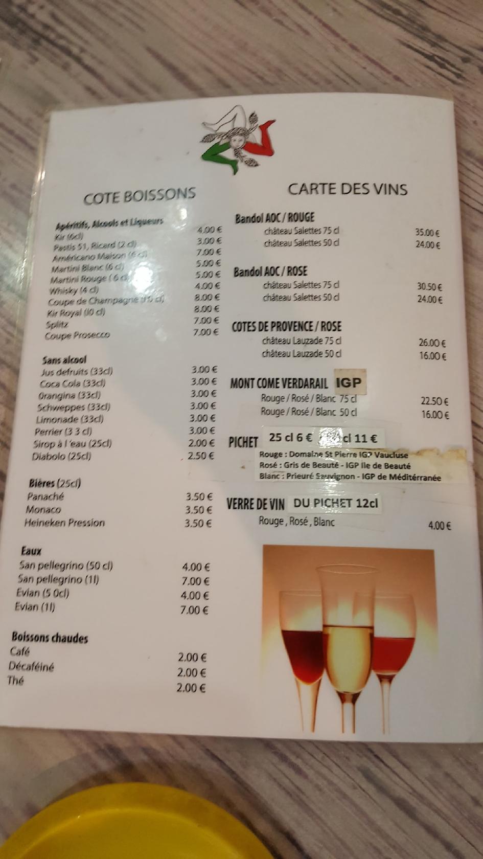 Menu au La Storia restaurant, Bandol