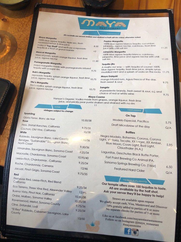 Menu at Maya Restaurant, Sonoma