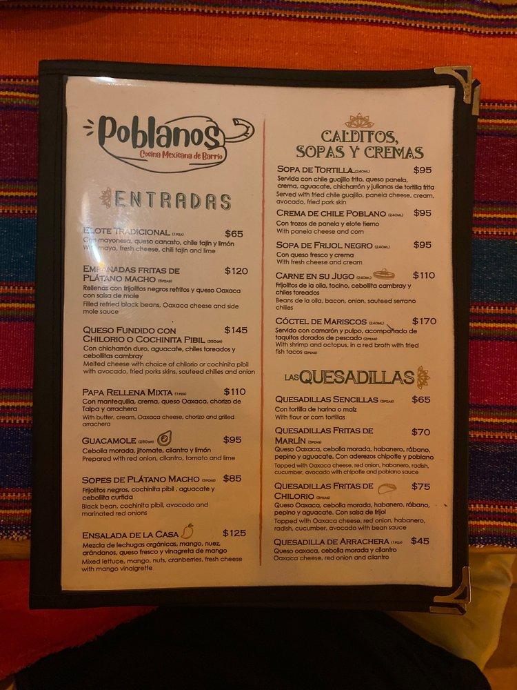 Menu at Poblanos Cucina Mexicana restaurant, Puerto Vallarta