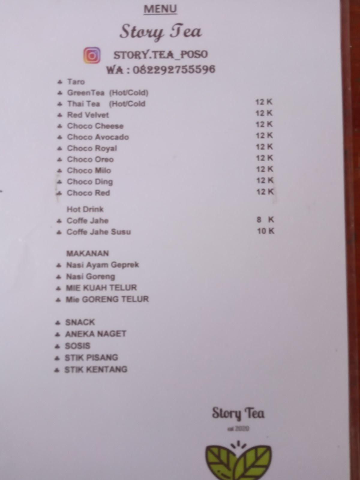 Menu at STORY TEA POSO cafe, Indonesia