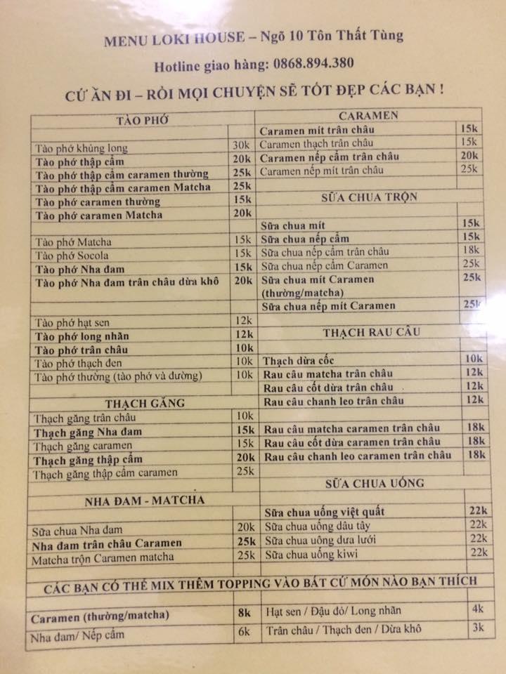 Menu at Tào phớ Yêu Thương - Loki house -ngõ 10 Tôn Thất Tùng restaurant, Hanoi
