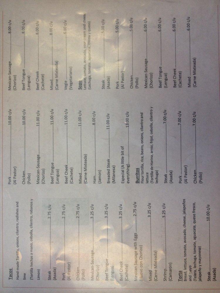 Menu at Taqueria Flavio restaurant, Fredericksburg, Patriot Hwy