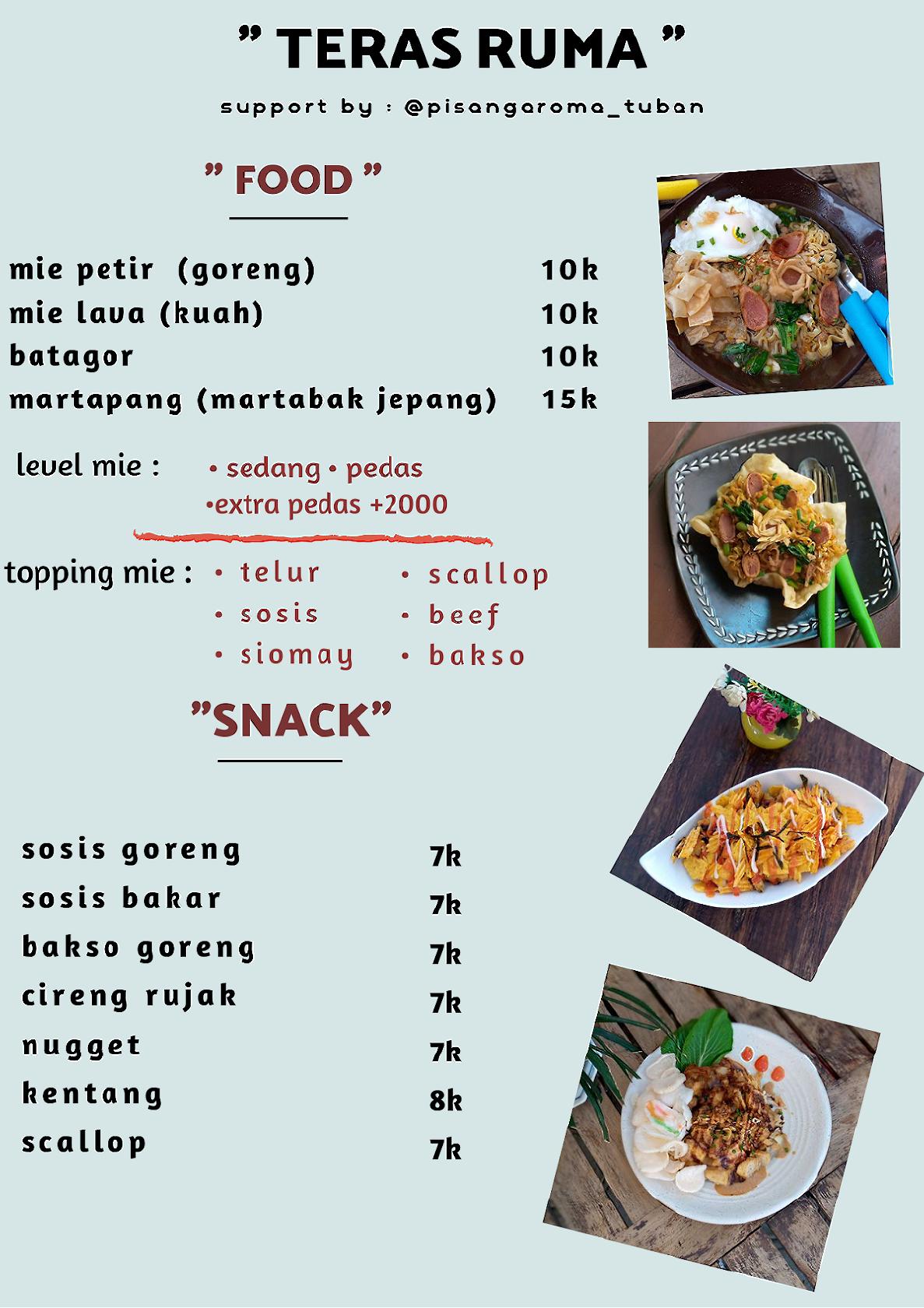 Menu at Teras ruma by pisang aroma tuban cafe, Tuban