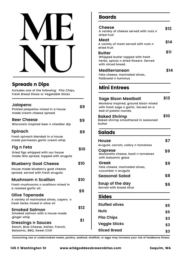 Menu at Wild Goddess Brews -n- Bites pub & bar, Sequim