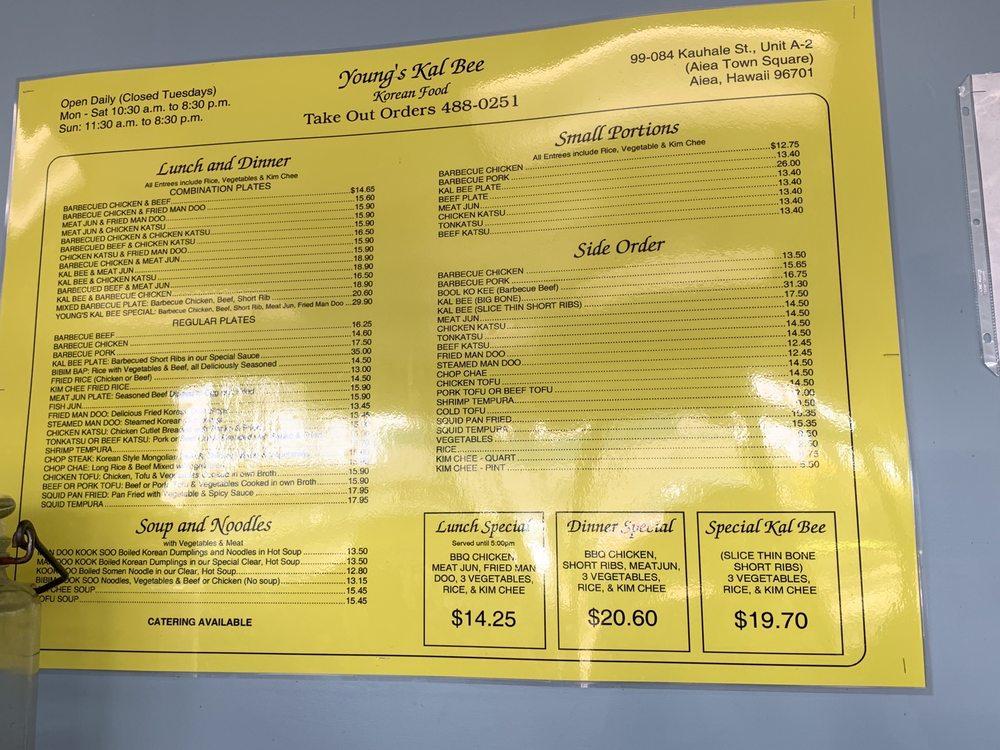 Menu at Young's Kal bee restaurant, Aiea