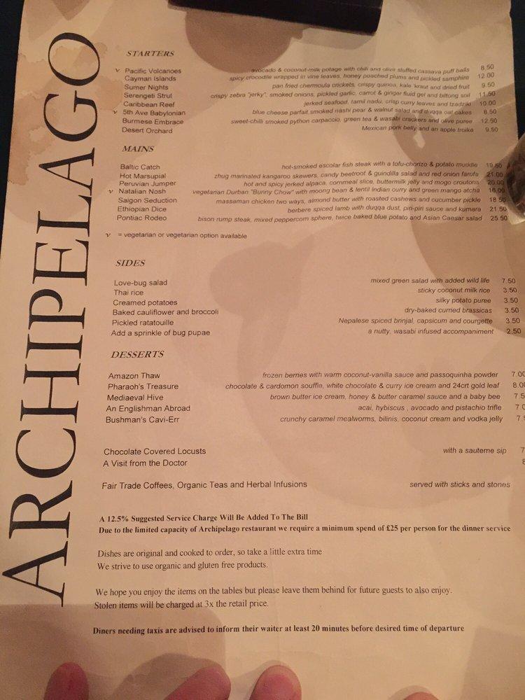 Menu at Archipelago Restaurant, London, 53 Cleveland St