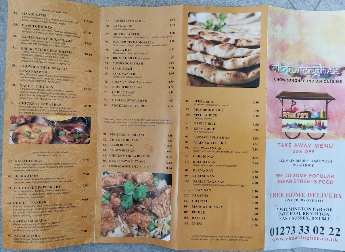 Menu at Chowringhee restaurant, Brighton