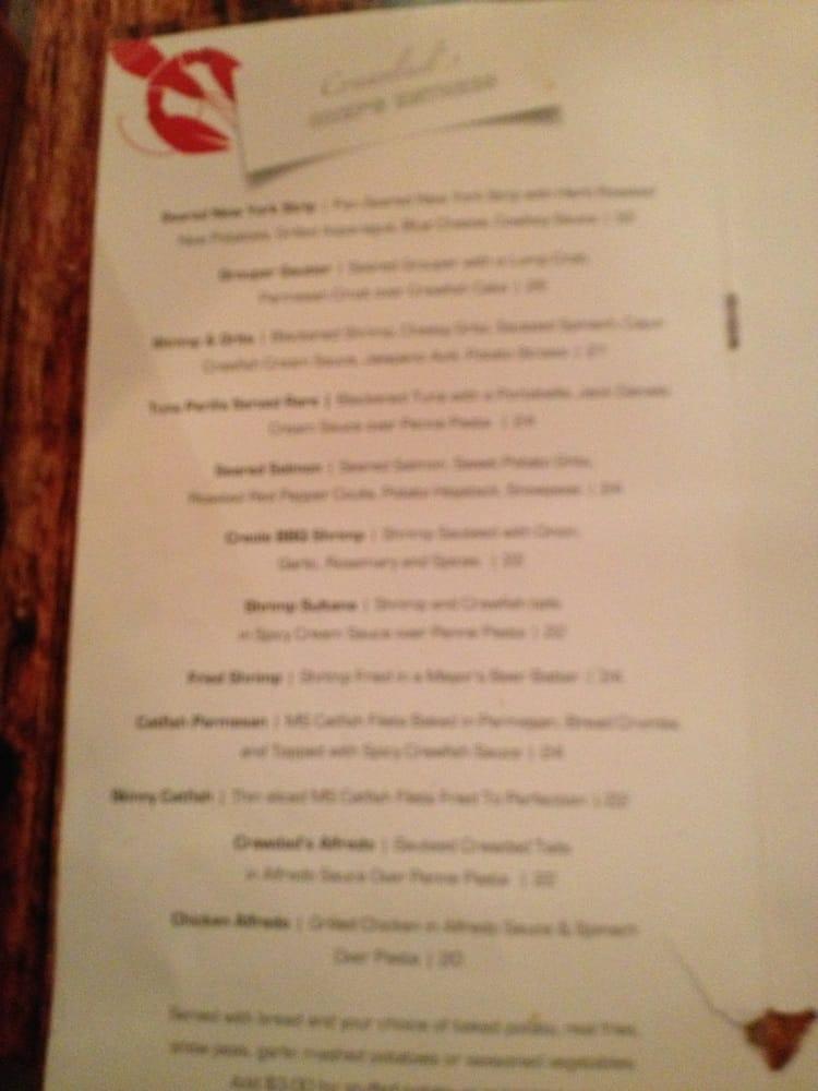 Menu at Crawdad's steakhouse, Merigold, 104 Park St