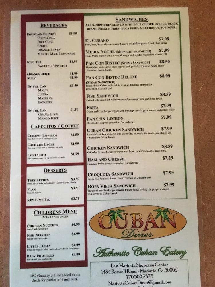 Menu at Cuban Diner desserts, Marietta