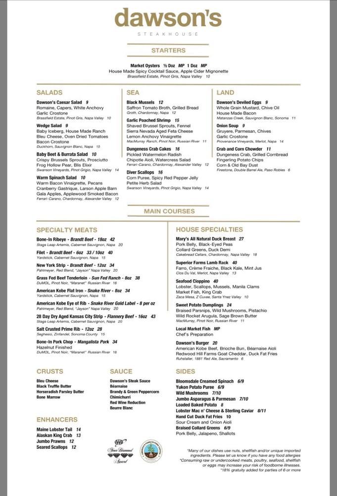 Menu at Dawson's Steakhouse, Sacramento