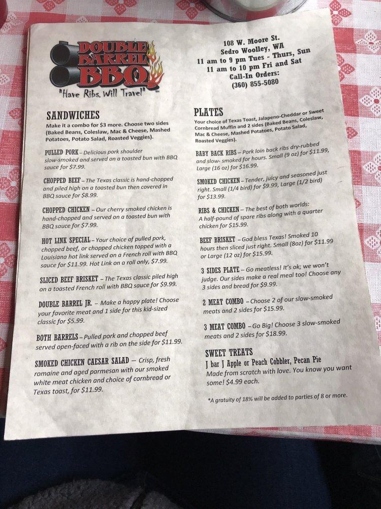 Menu at Double Barrel BBQ, Sedro-Woolley, 108 W Moore St