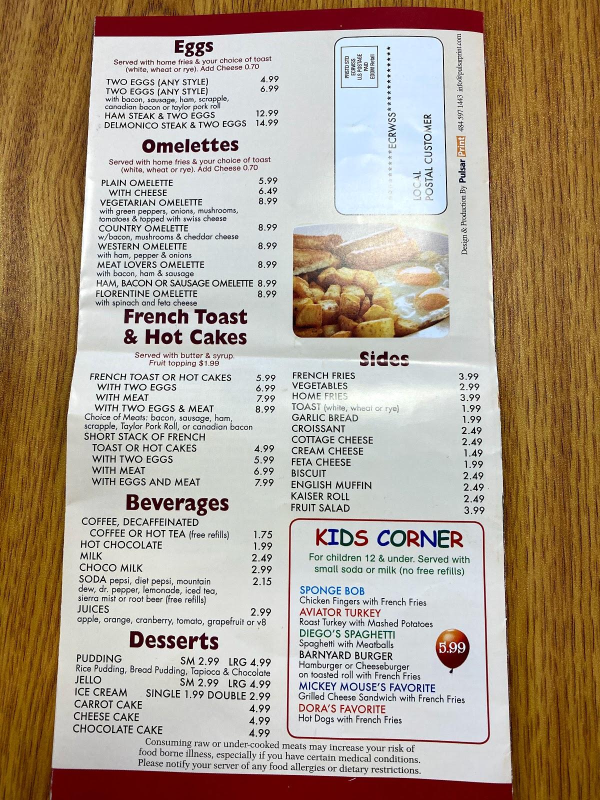 Menu at Harvest Diner & Pizzeria, Exmore