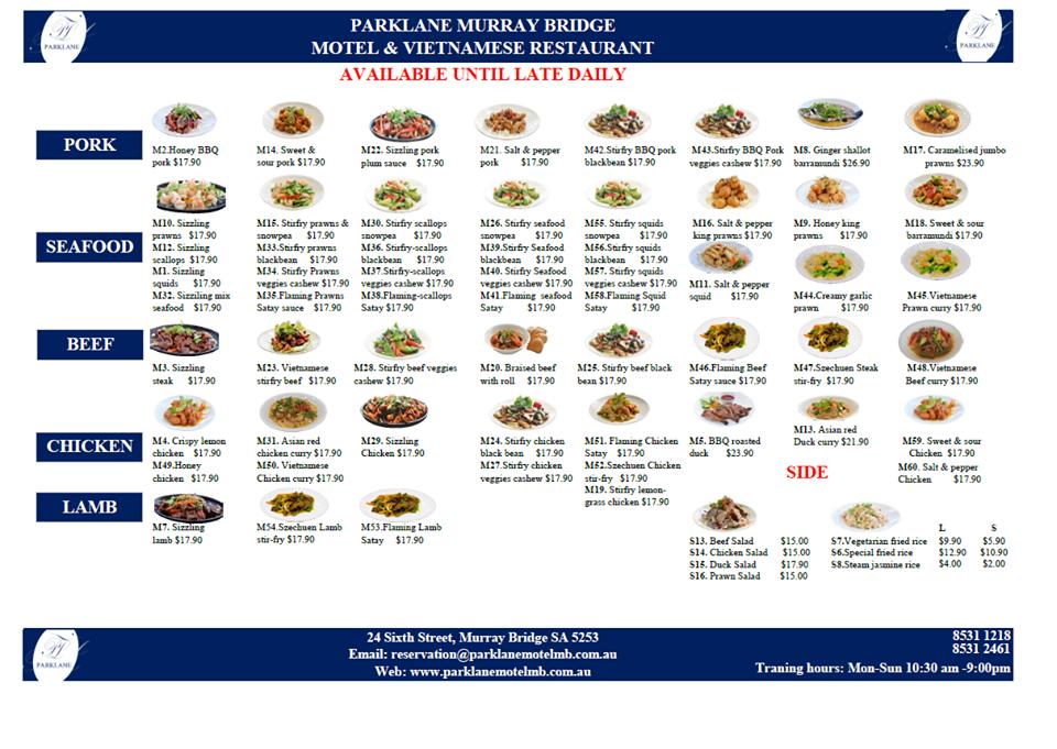 Menu at Parklane Motel Vietnamese restaurant, Murray Bridge