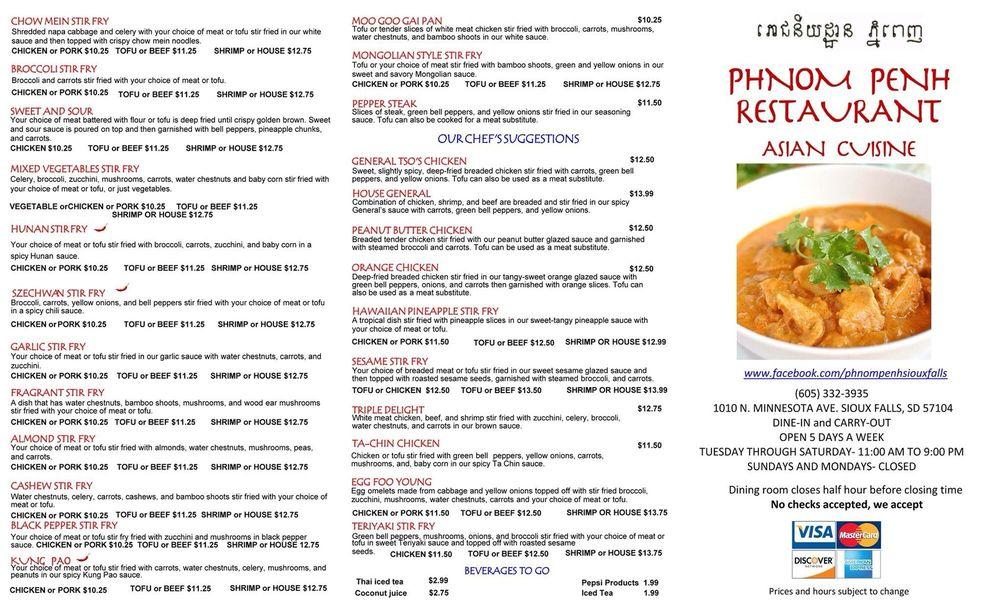 Menu at Phnom Penh Restaurant, Sioux Falls