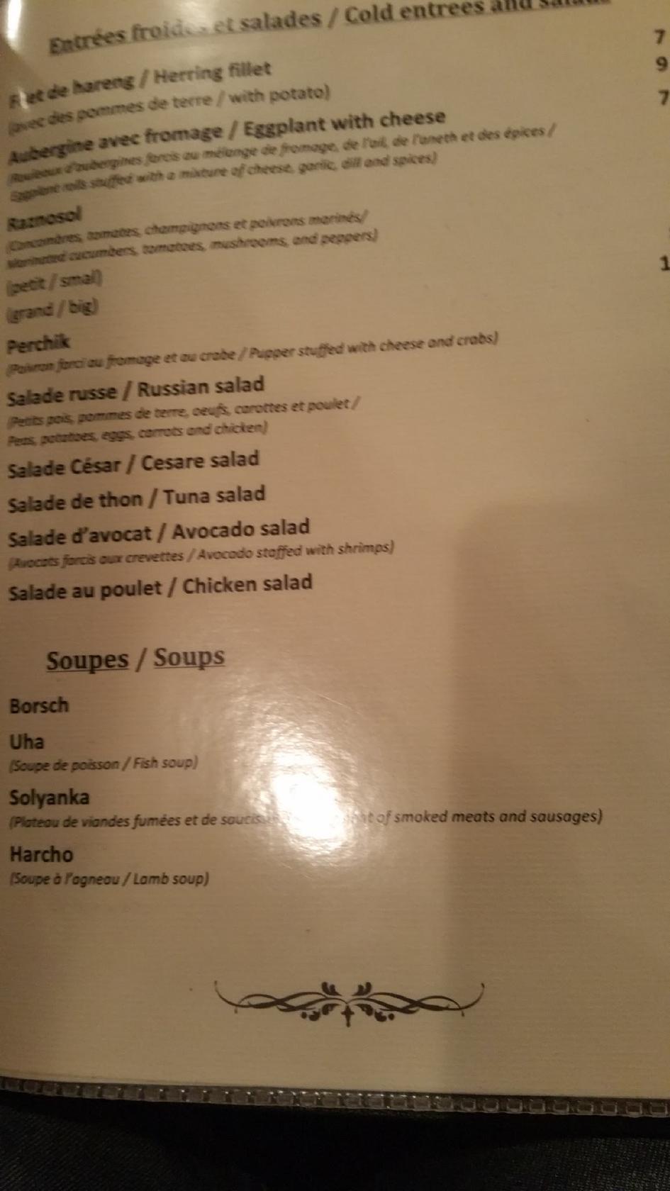 Carta del restaurante Rasputin, Montréal