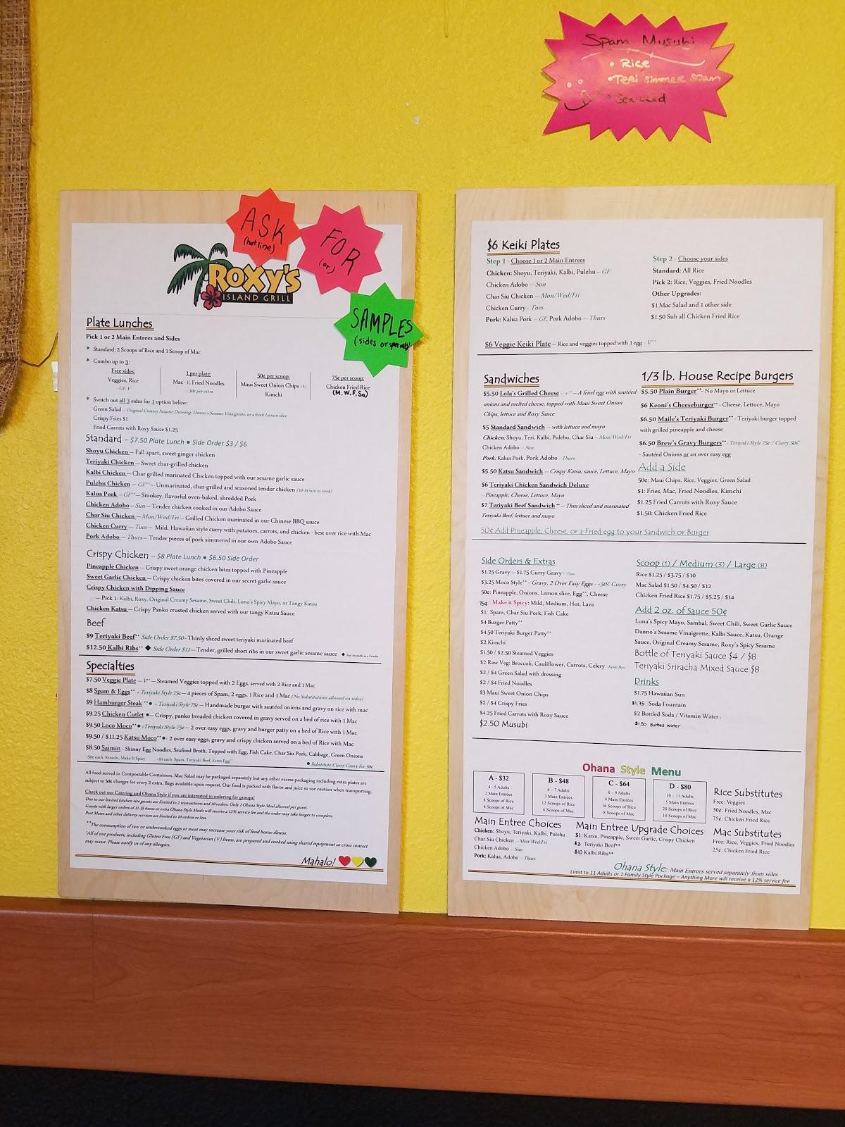 Menu at Roxy's Island Grill restaurant, Canby