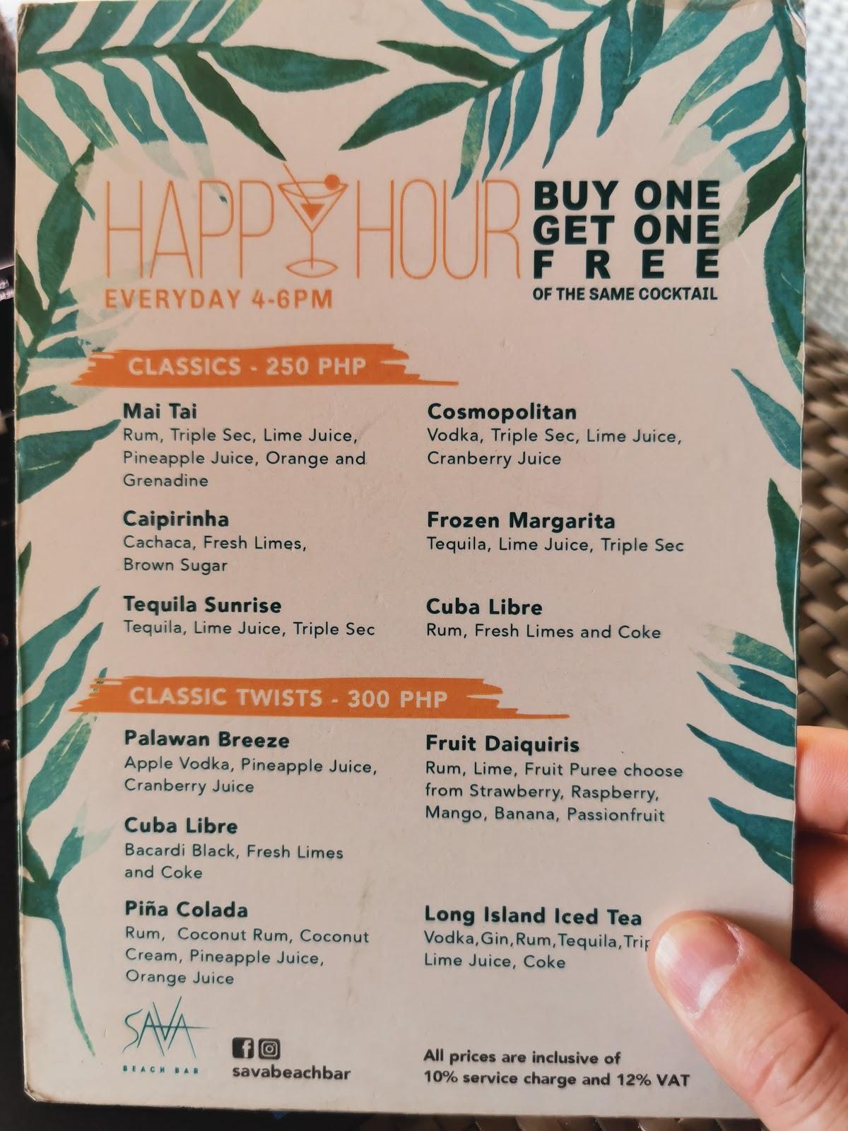 Menu at SAVA Beach Bar, El Nido