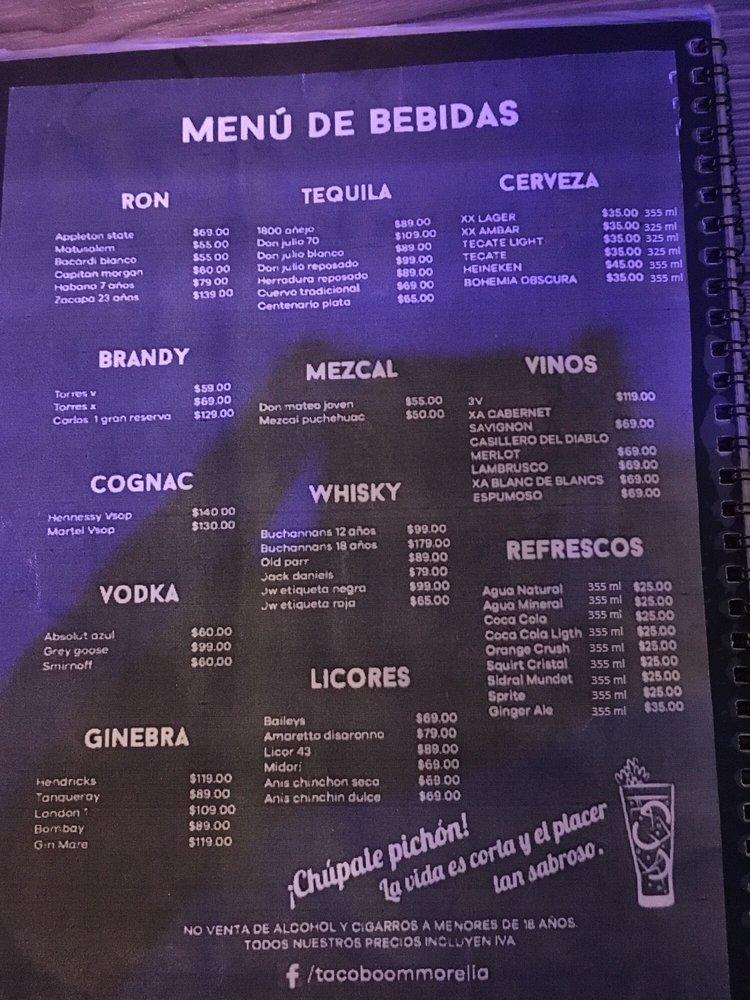 Carta del pub y bar taco boom, Morelia, Perif. Paseo del la República ...