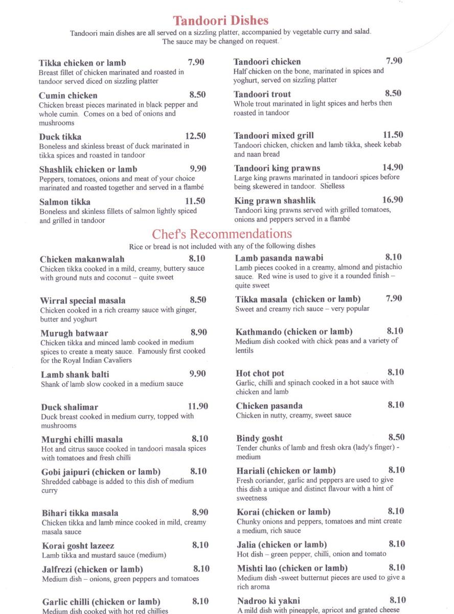 Menu at The Wirral Tandoori restaurant, Birkenhead